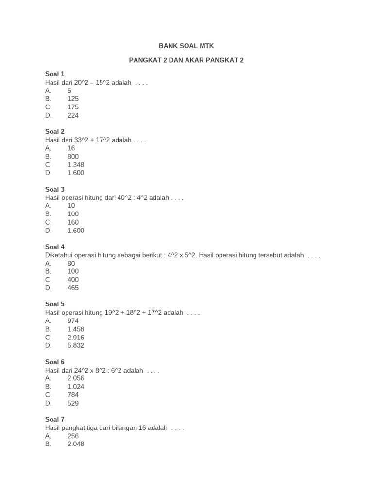 Bank Soal MTK Akar Dan Pangkat 2 | PDF