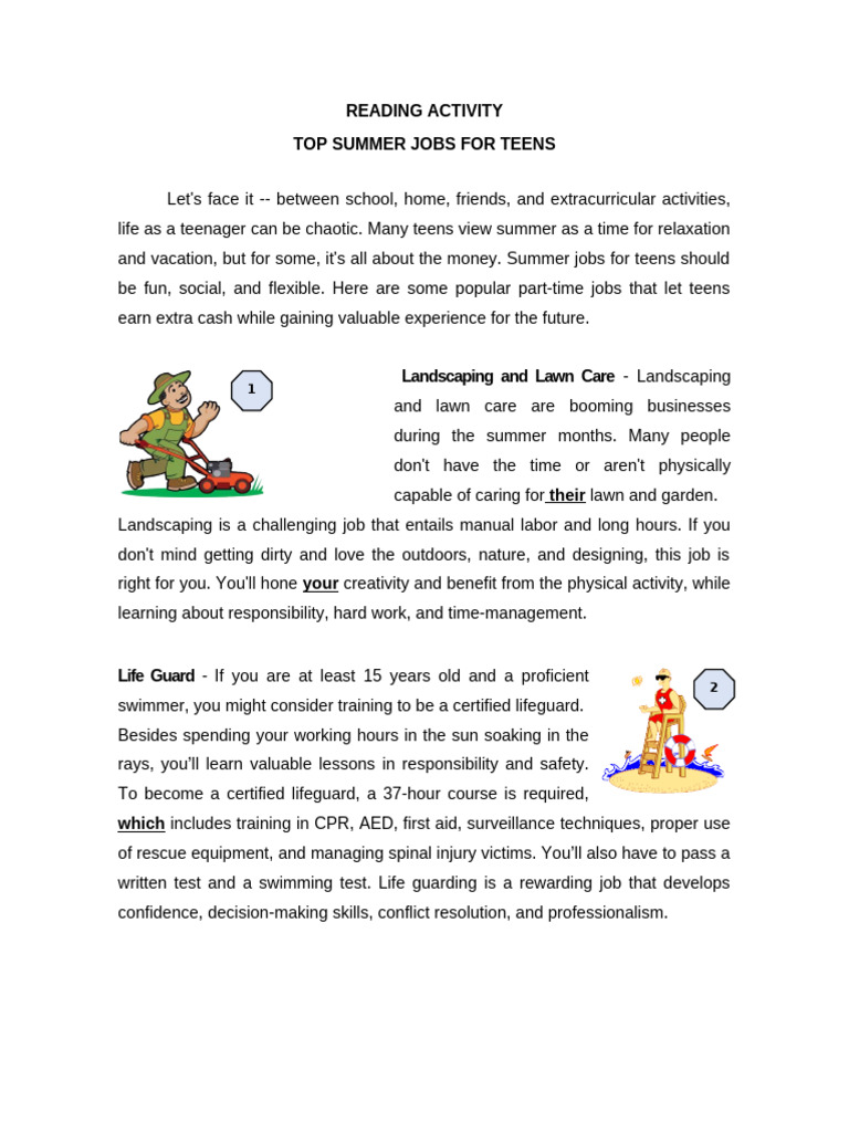Reading Activity - Top Summer Jobs For Teens | PDF | Career & Growth ...