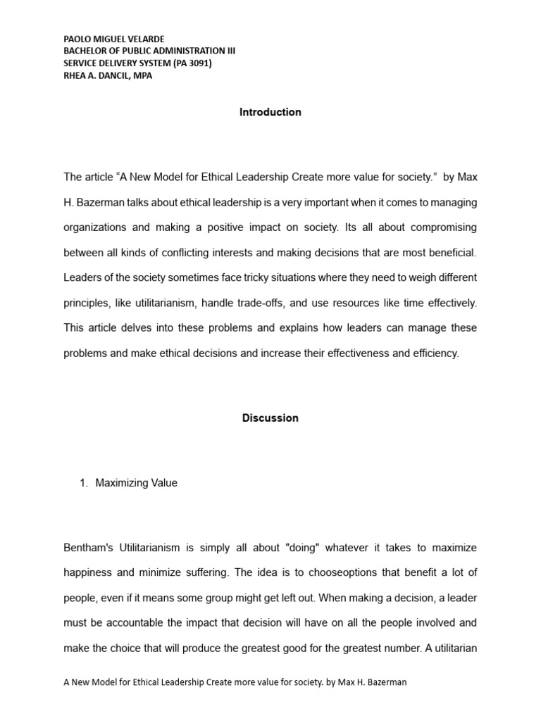 Ethical Leadership and Utilitarianism | PDF | Utilitarianism | Business