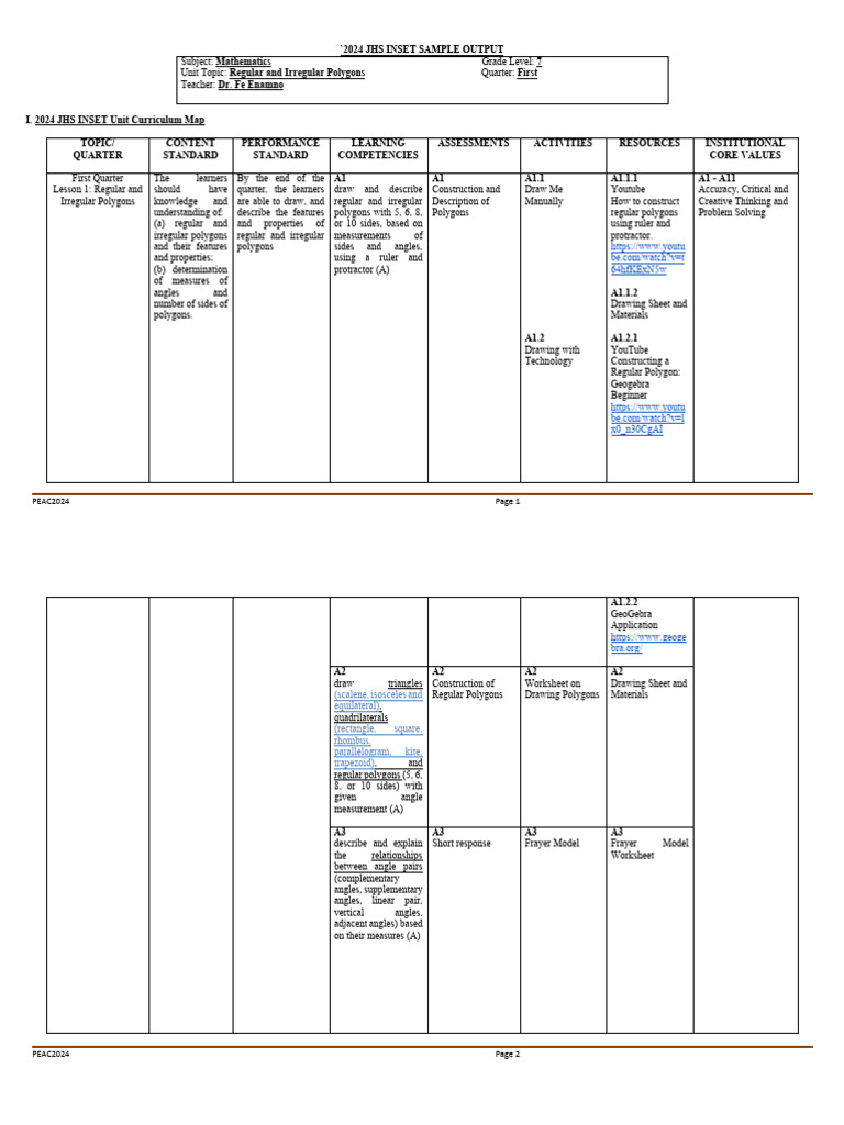 G7Q1L1 Cmap and Learning Plan | PDF | Triangle | Shape