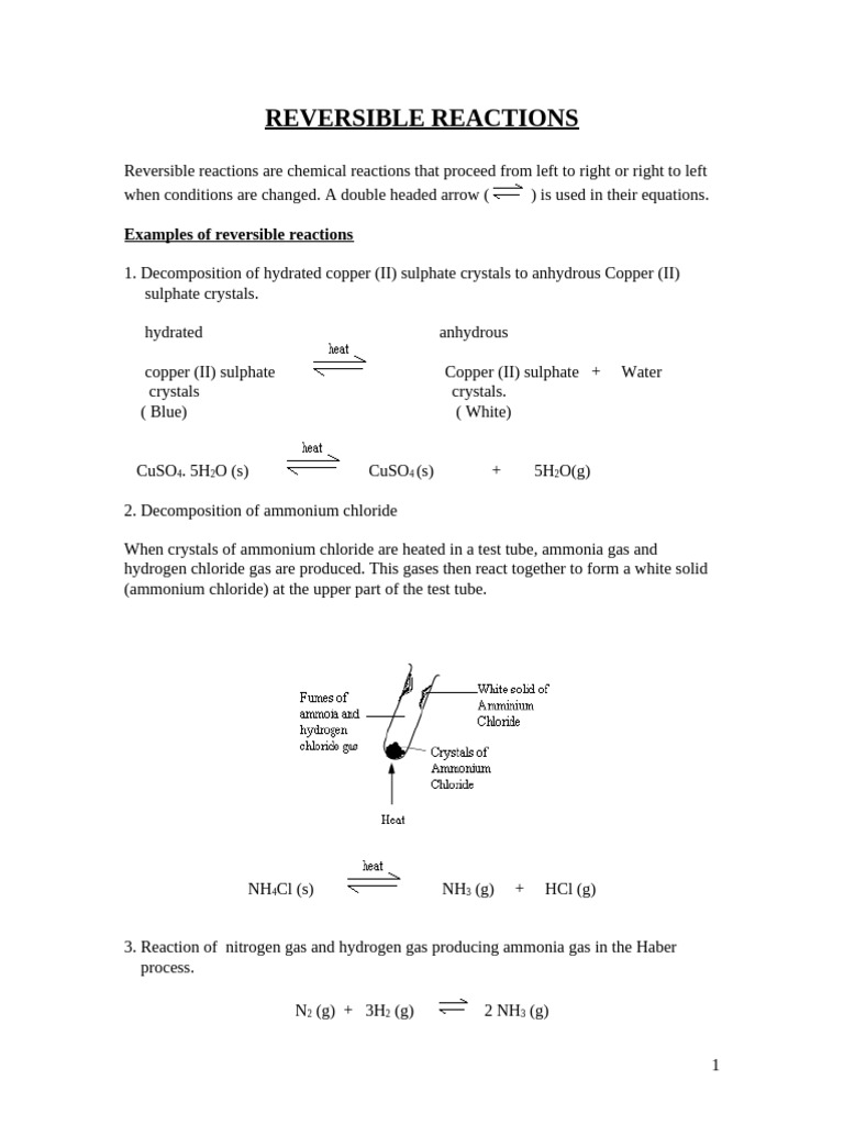 REVERSIBLE REACTIONS notes | PDF | Chemical Reactions | Ammonia