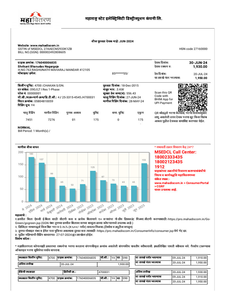 July 2024 Light Bill Pune | PDF