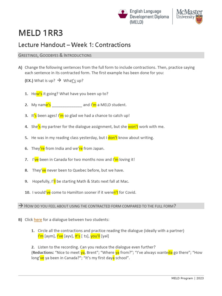 Contractions Homework - Week 1 - Answer - Key | PDF | Career & Growth ...