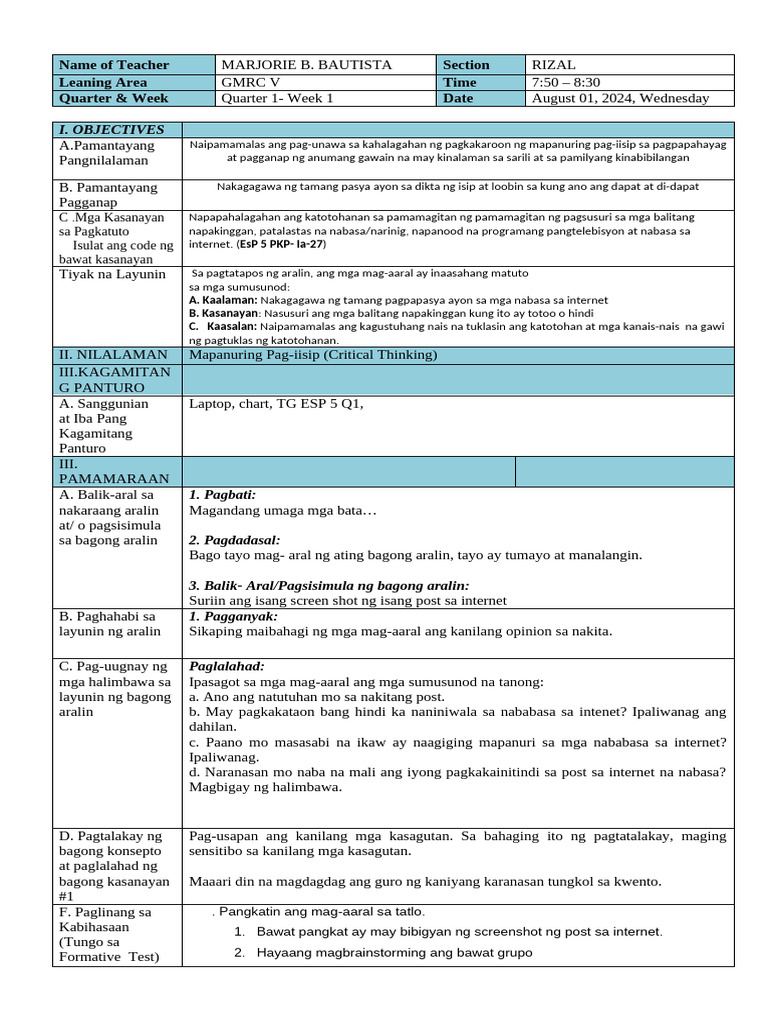 ESP DLP Q1 W1 D3 | PDF