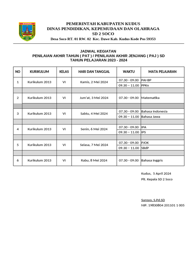 Jadwal Pat - Paj Tp. 2023 - 2024 | PDF