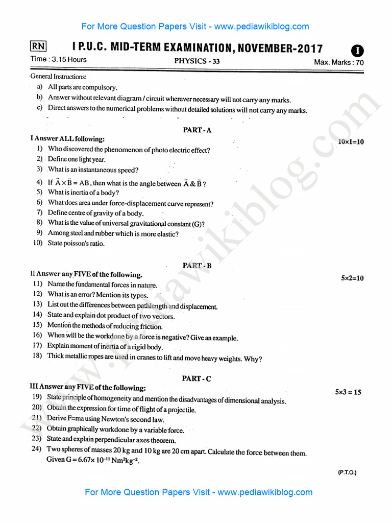 1st PUC Physics Nov 2017 | PDF | Force | Momentum