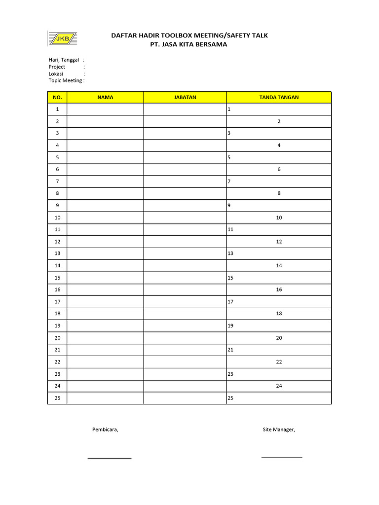 Daftar Hadir TBM Safety Talk | PDF