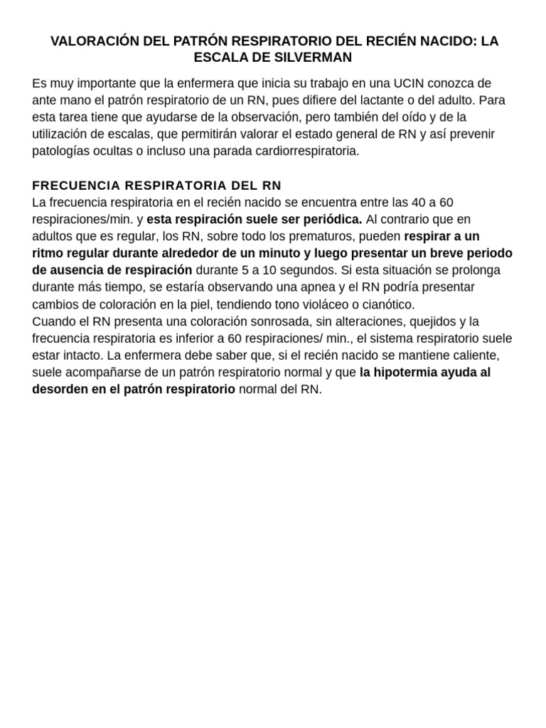 Valoración Respiratoria Neonatal: Escala Silverman | PDF | Respiración ...