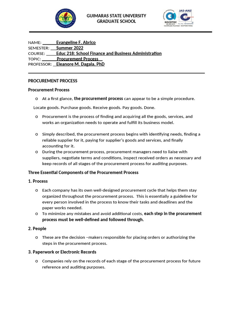 Handouts in Educ 218 The Procurement Process Abrico 1 | PDF ...
