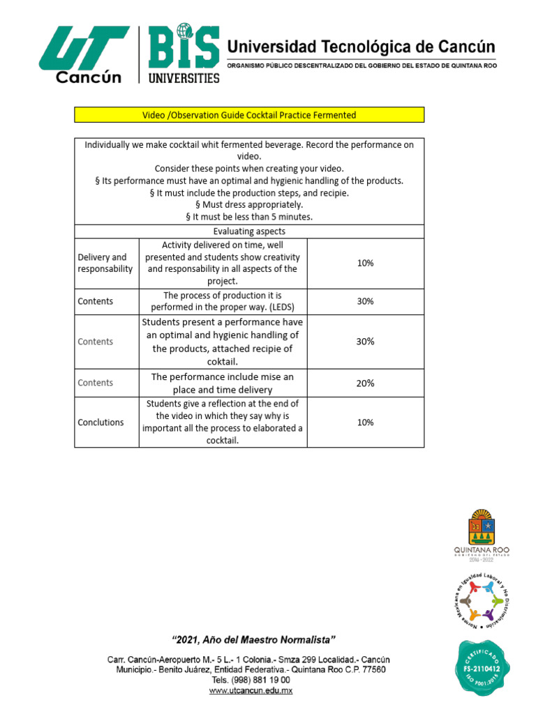 7 Video Observation Guide Cocktail Practice Fermented Rubric | PDF