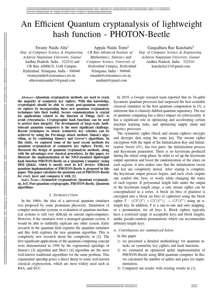 An Efficient Quantum Cryptanalysis of Lightweight Hash Function - PHOTON-Beetle | PDF | Quantum ...
