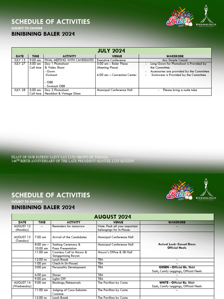 Binibining Baler 2024 Schedule of Events | PDF | Fashion | Clothing