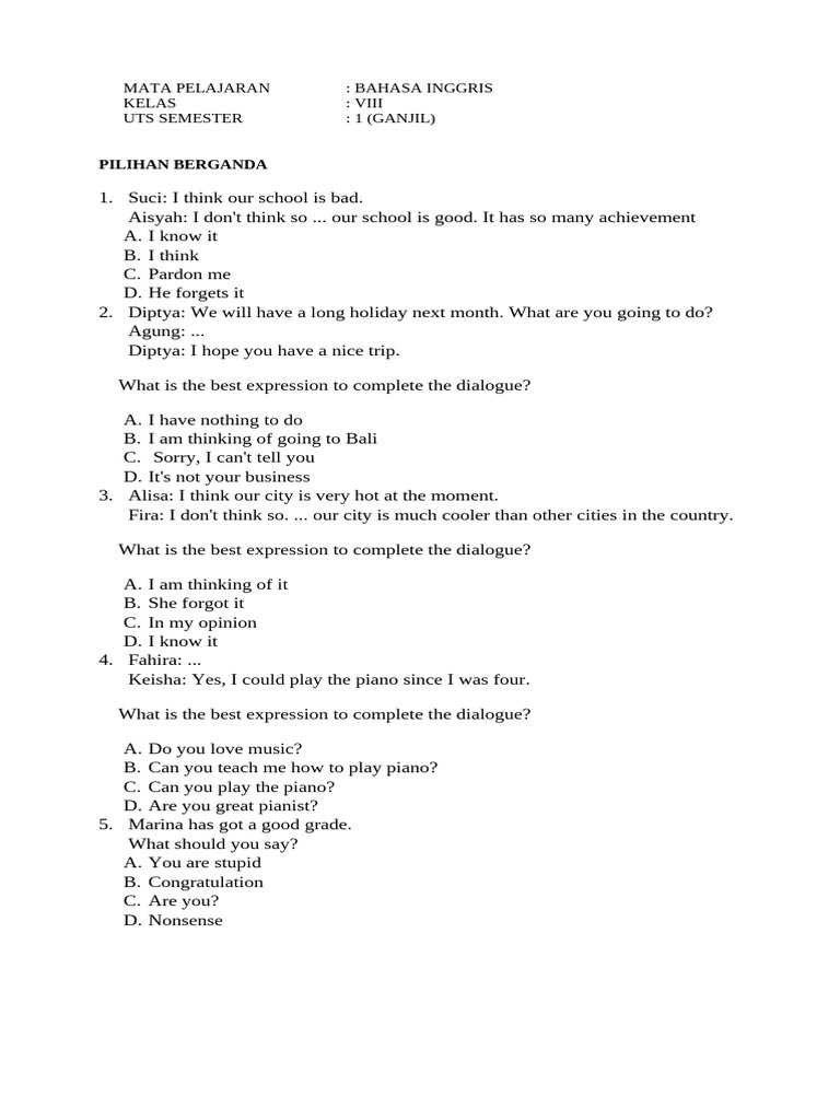 Soal Uts Sem-1 B.inggris Kumer KLS 8 | PDF | Language Arts & Discipline