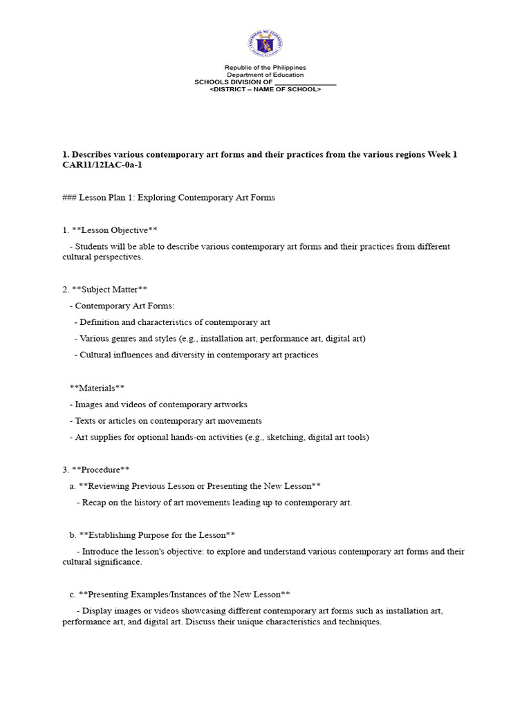 Exploring Contemporary Art Forms | PDF | Contemporary Art | Lesson Plan