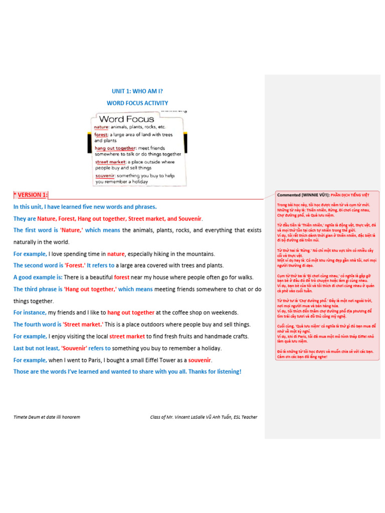 Unit 1 - Word Focus Activity | PDF