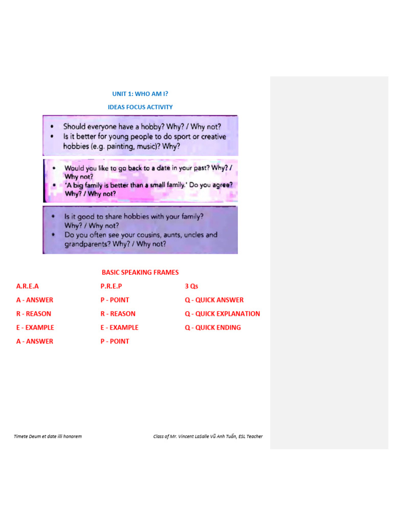 Unit 1 - Ideas Focus Activity | PDF