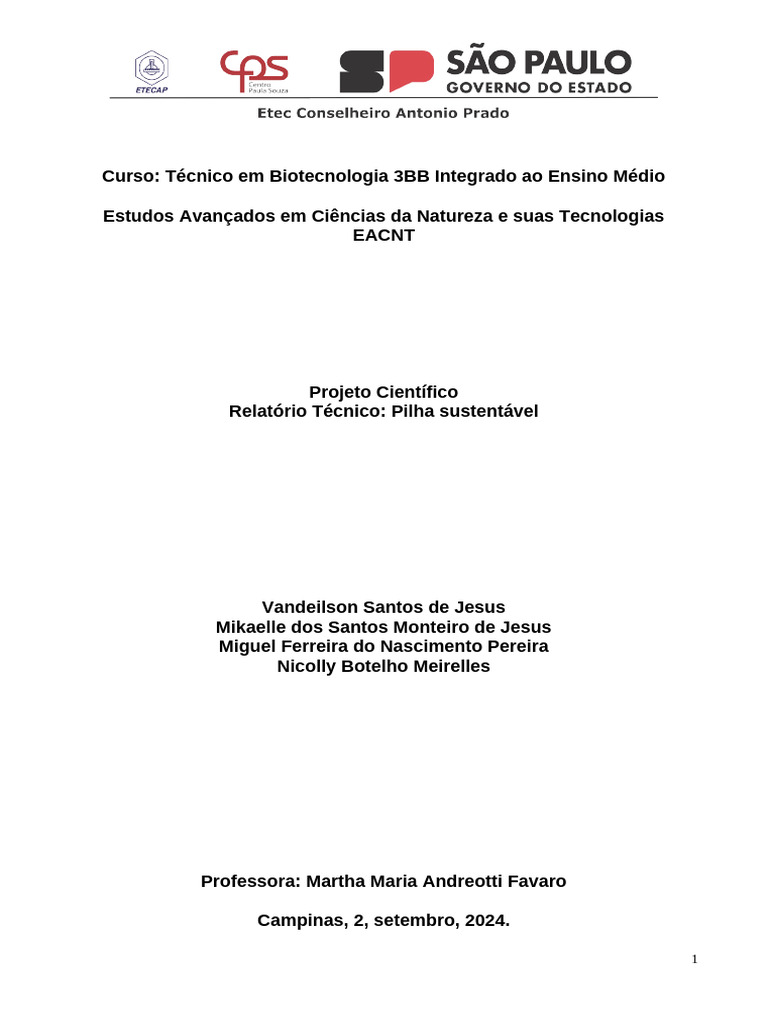 Modelo Relatório Projeto - EACNT 3 Série - Biotec | PDF | Ambiente natural | Zinco