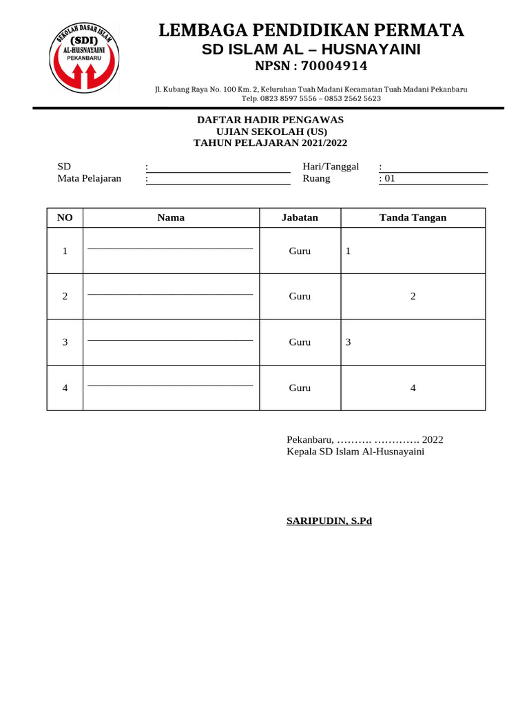 Daftar Hadir Pengawas ANBK Tahun 2021 (GuruZamanNow - Id) | PDF