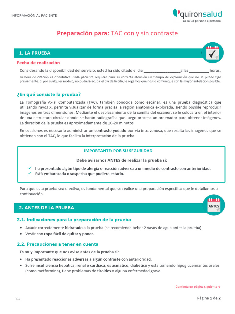 Preparación TAC con y sin contraste | PDF | Ct Scan | Especialidades ...