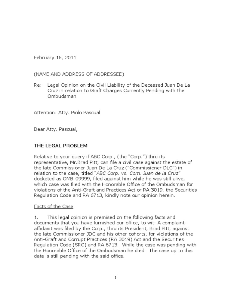Sample Legal Opinion (for Ateneo Pre-bar Law) | Criminal Procedure In ...