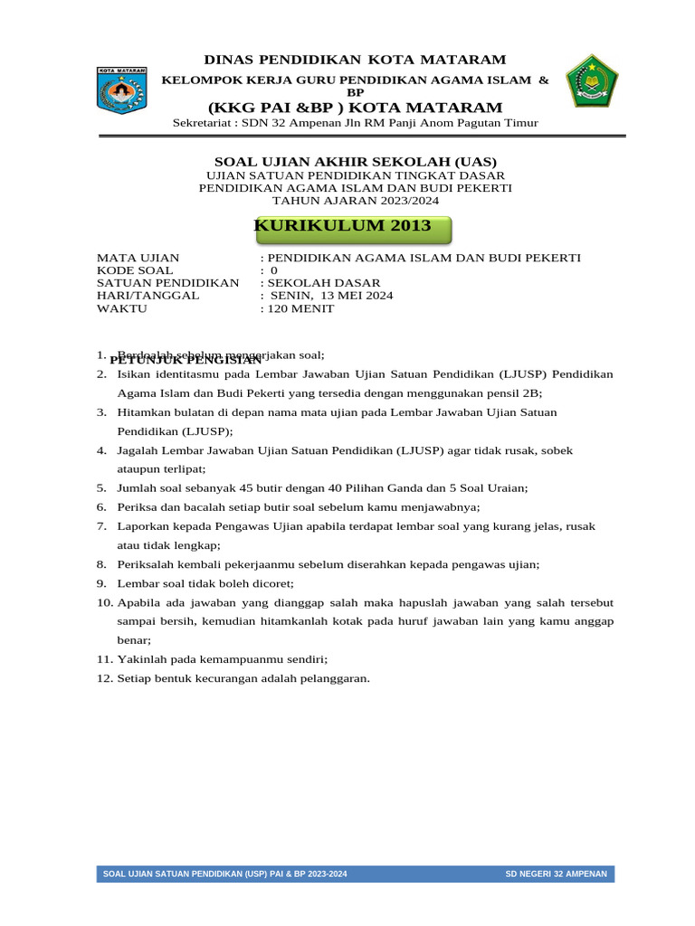 Soal Utama Usp Ta 2023-2024 | PDF | Agama & Spiritualitas