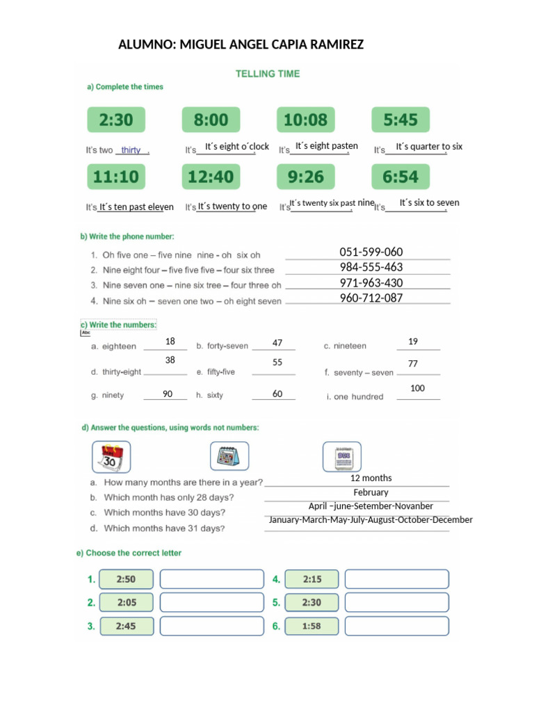 Time Expressions and Contact Numbers | PDF