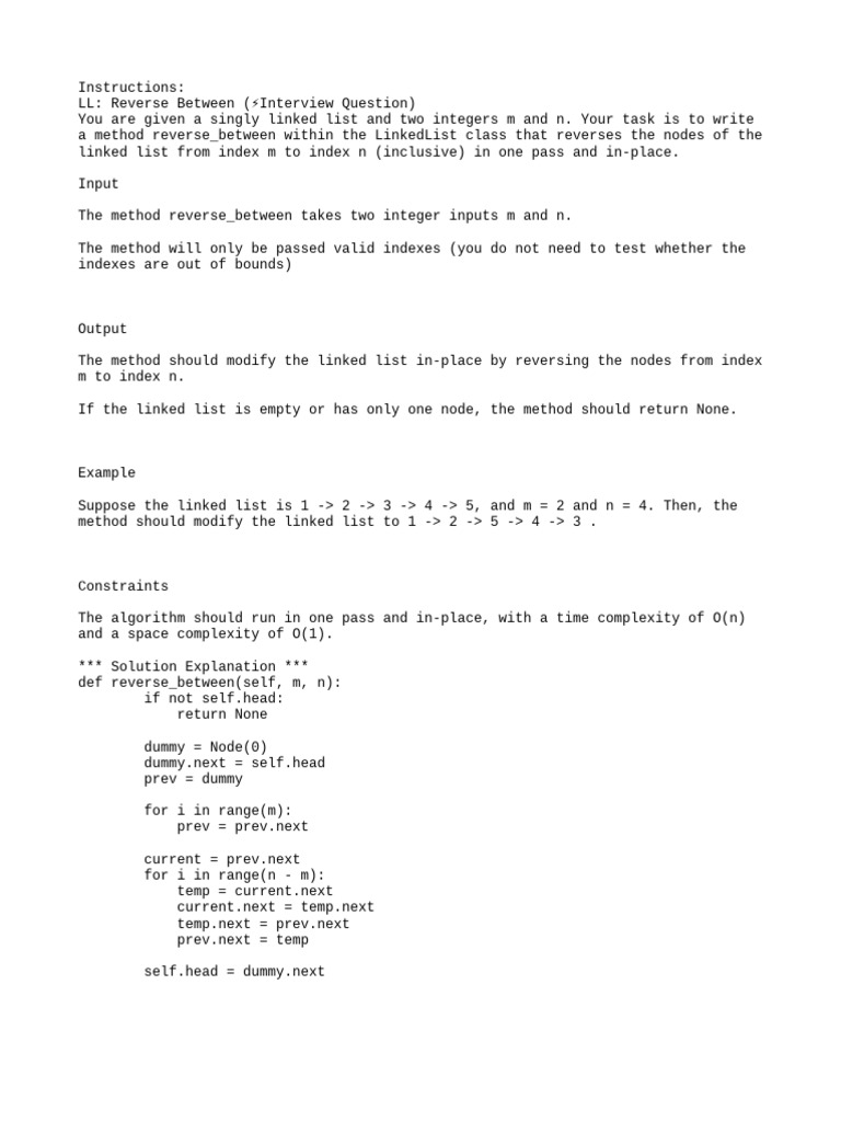 Coding Exercise 15 Ll Reverse Between Interview Question Pdf Computer Science Software