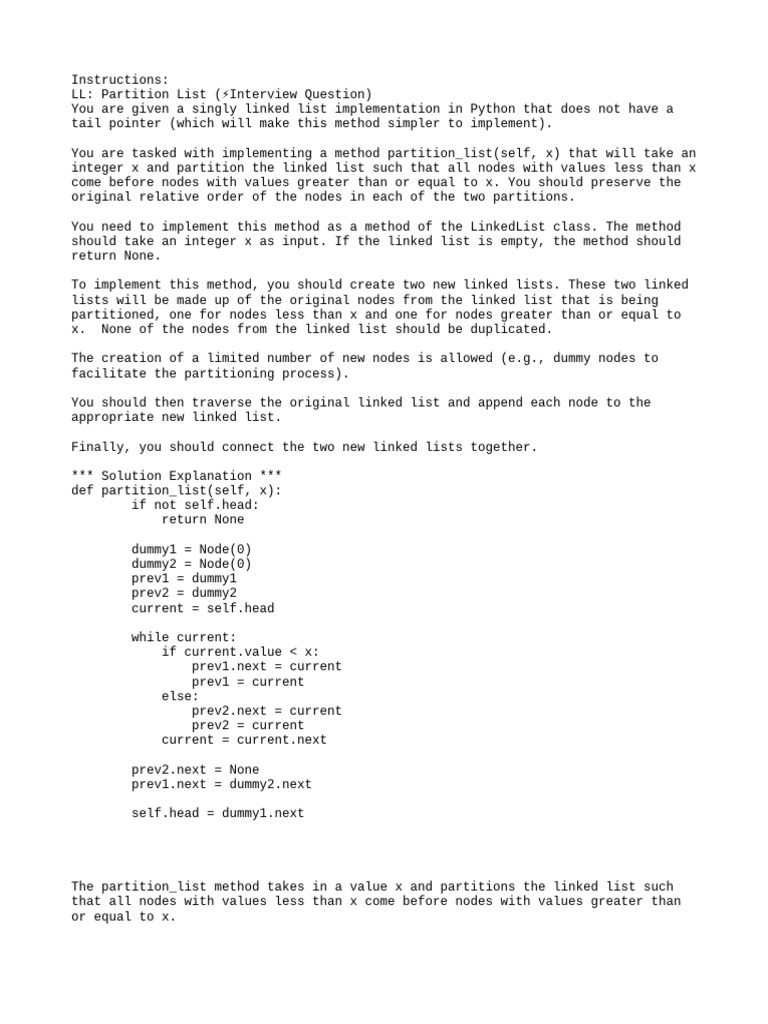 Coding Exercise 16 LL Partition List ( Interview Question) | PDF | Computer Programming | Computing