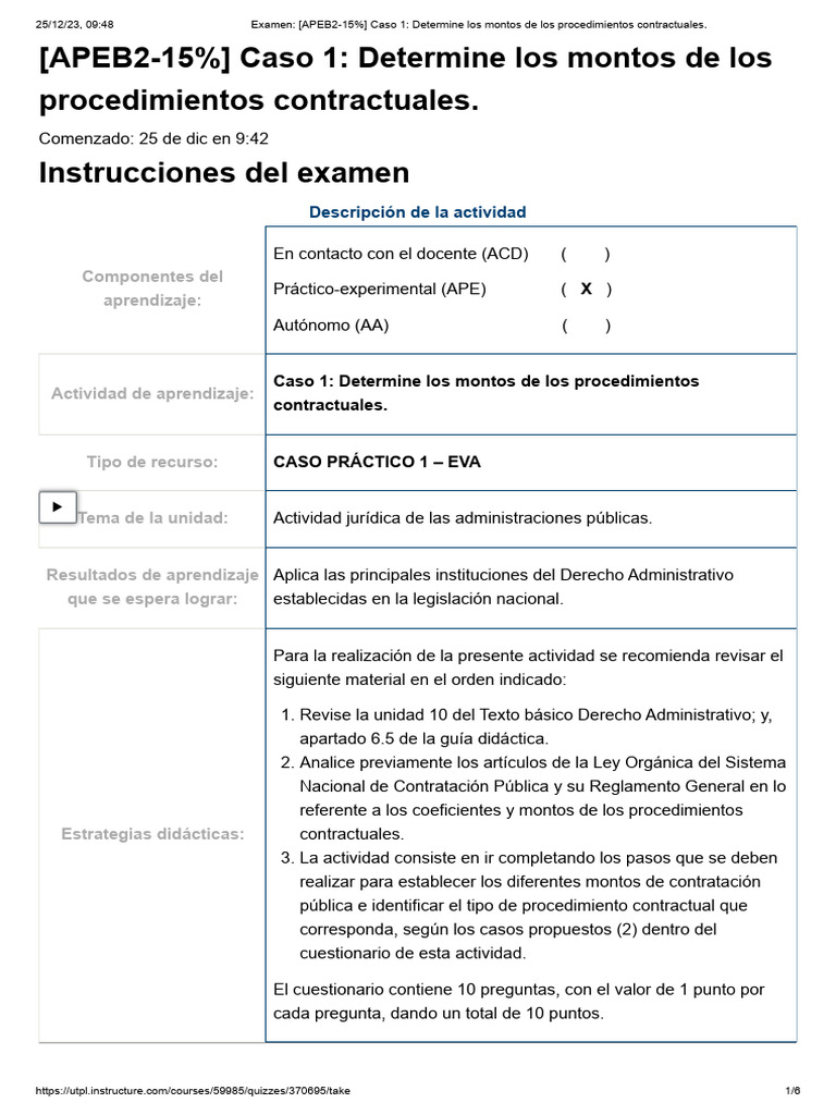 Examen - (APEB2-15%) Caso 1 - Determine Los Montos de Los Procedimientos Contractuales | PDF ...