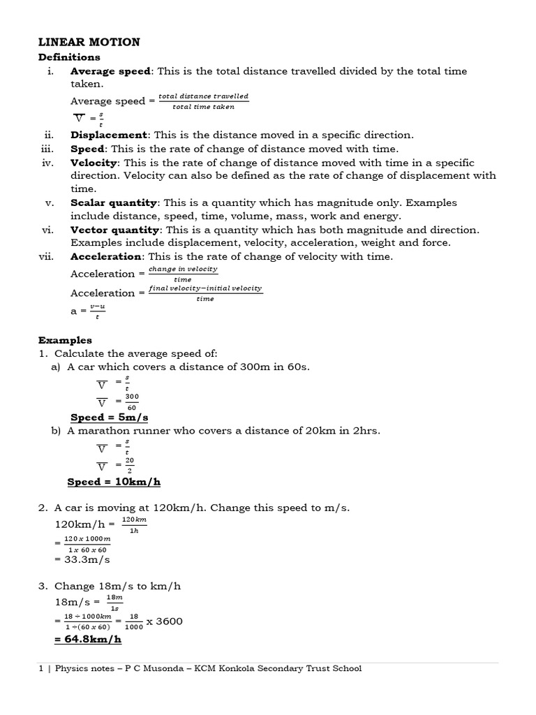 Linear Motion Concepts And Calculations Pdf Acceleration Velocity