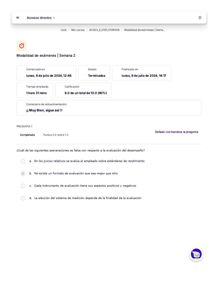 Modalidad de exámenes _ Semana 2_ Revisión del intento | PDF | Evaluación | Evaluación de desempeño