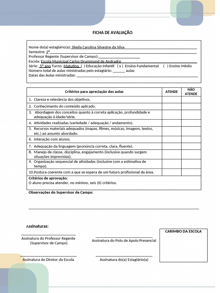 Ficha Estagio Anhanguera | PDF