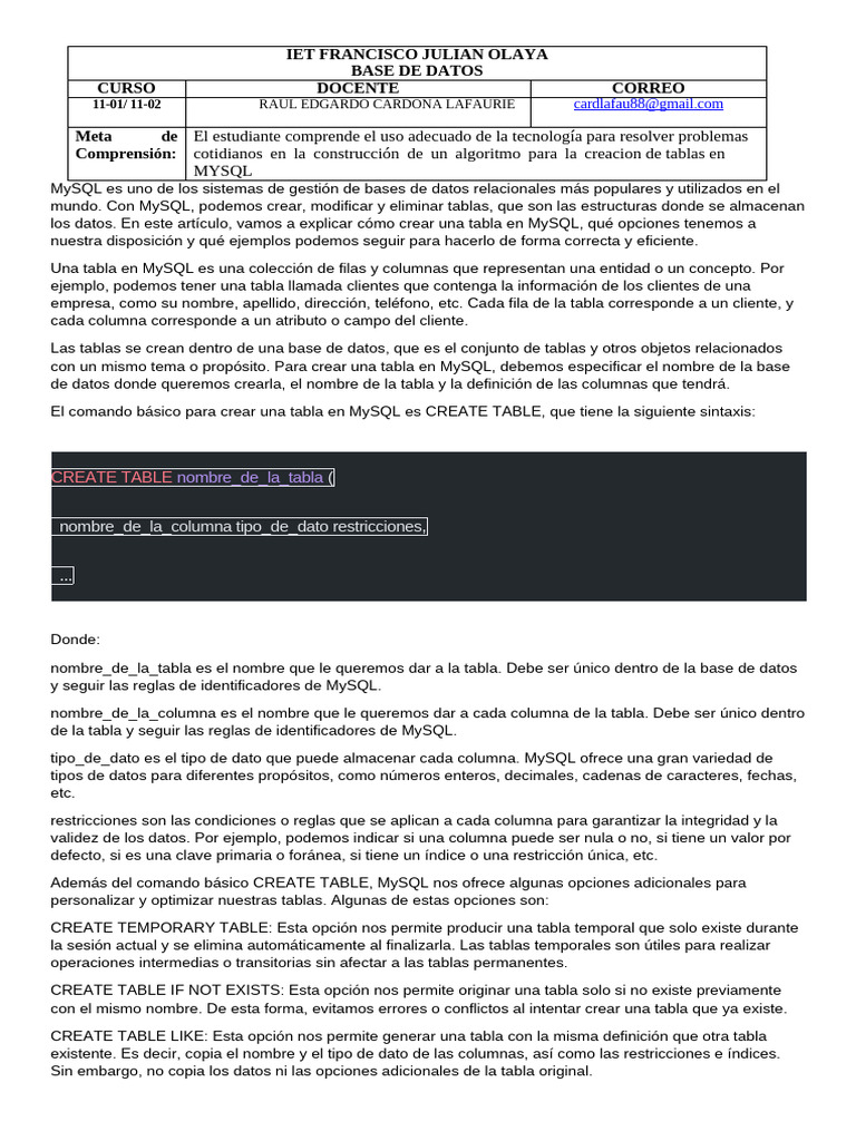 Creación de Tablas en MySQL: Guía y Ejemplos | PDF | Bases de datos ...