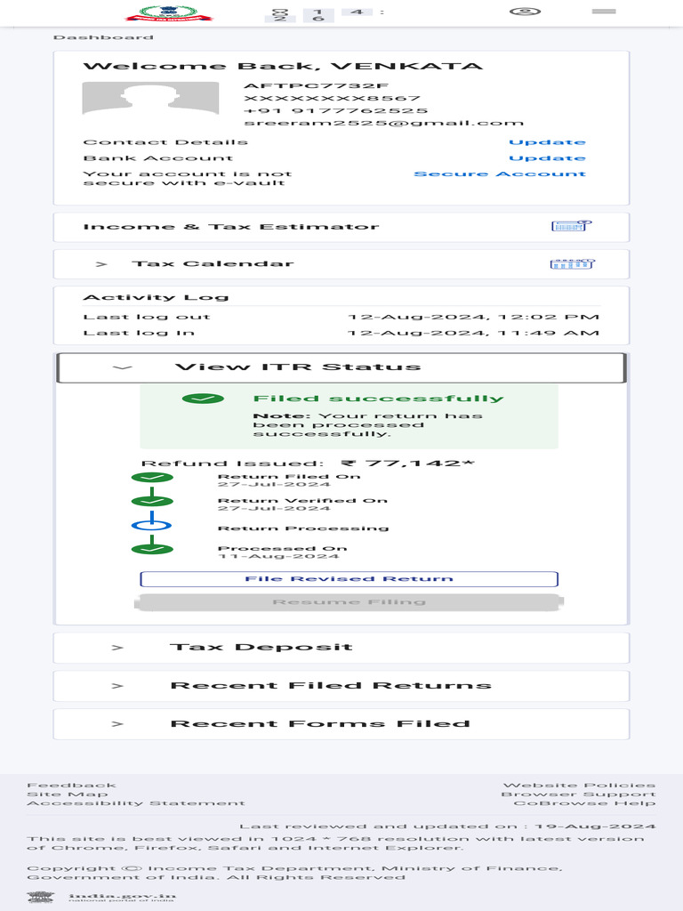 Dashboard, Income Tax Portal, Government of India | PDF