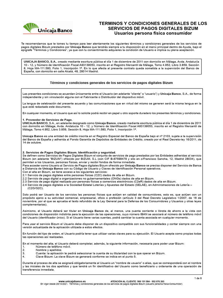 bizum-terminos-y-condiciones | PDF | Transferencia bancaria | Biometría