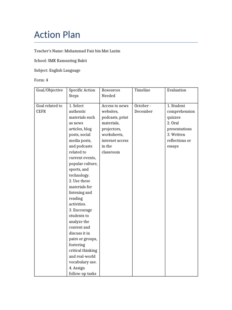 English Action Plan for Form 4 Students | PDF | Multimedia | Reading ...
