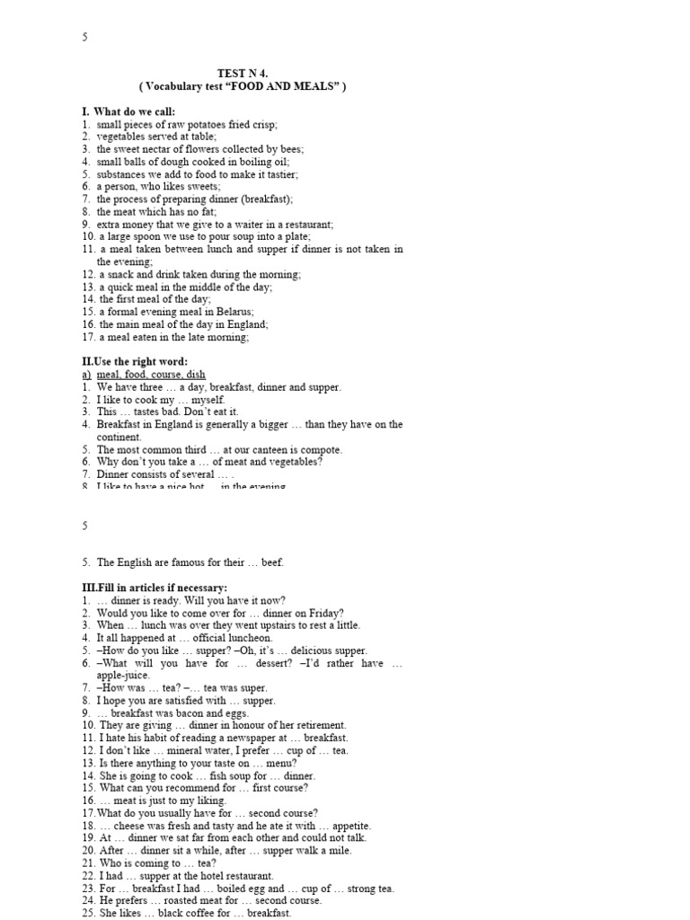 Food and Meals Vocabulary Test | PDF | Meal | Lunch