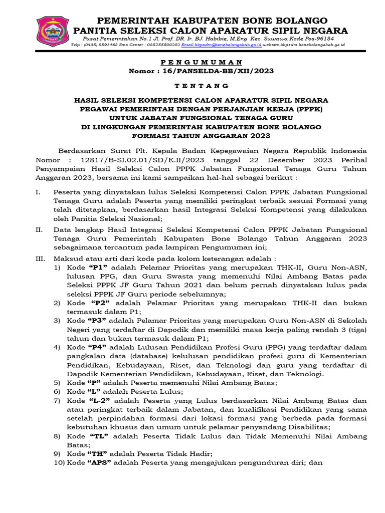 Pengumuman Hasil Seleksi Kompetensi PPPK JF Guru Kab Bone Bolango T A 2023 | PDF