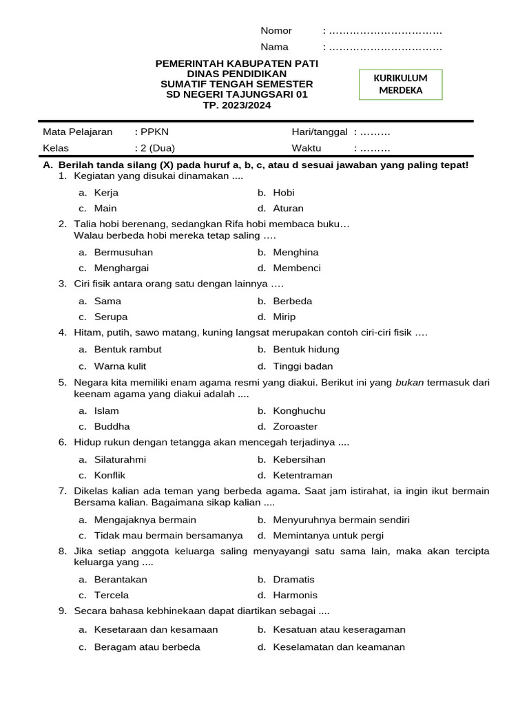 STS PPKN Kelas 2 Semester 2 | PDF