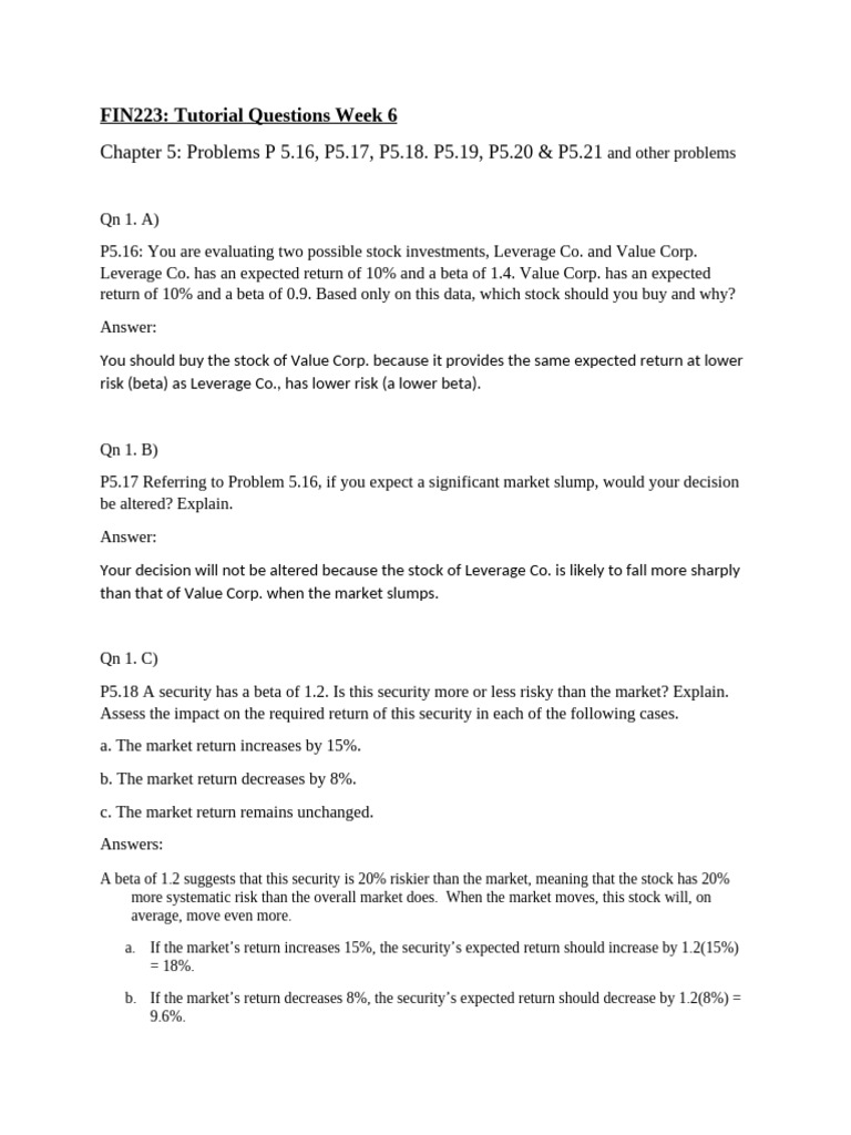 Tutorial Week 6 Q and A | PDF | Beta (Finance) | Dividend