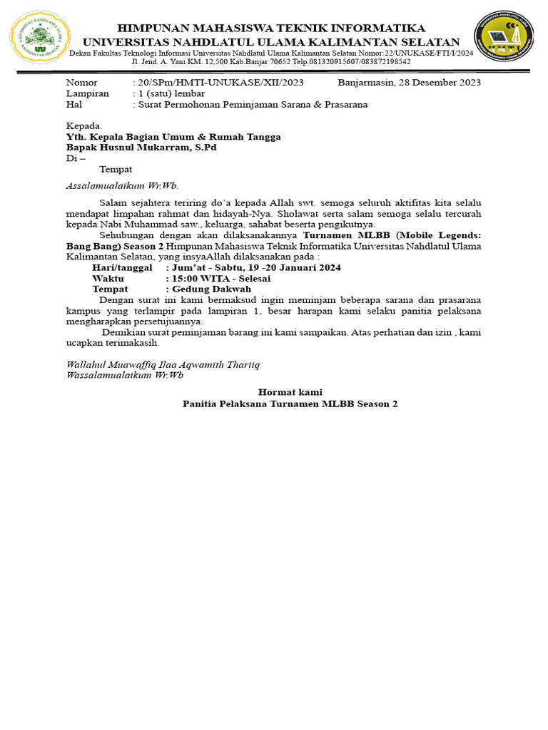 20.surat Peminjaman MLBB | PDF