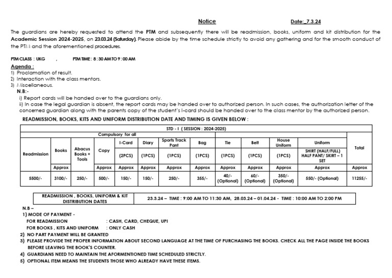 Ukg - PTM, STD - I Readmission | PDF