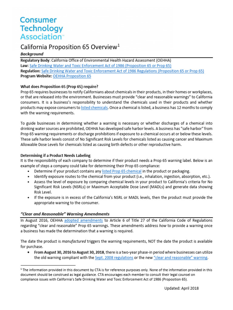 California Proposition 65 Overview | PDF | Occupational Safety And ...