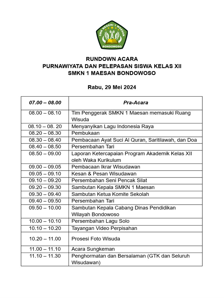 RUNDOWN ACARA WISUDA SKAMA 2024 - Google Dokumen | PDF