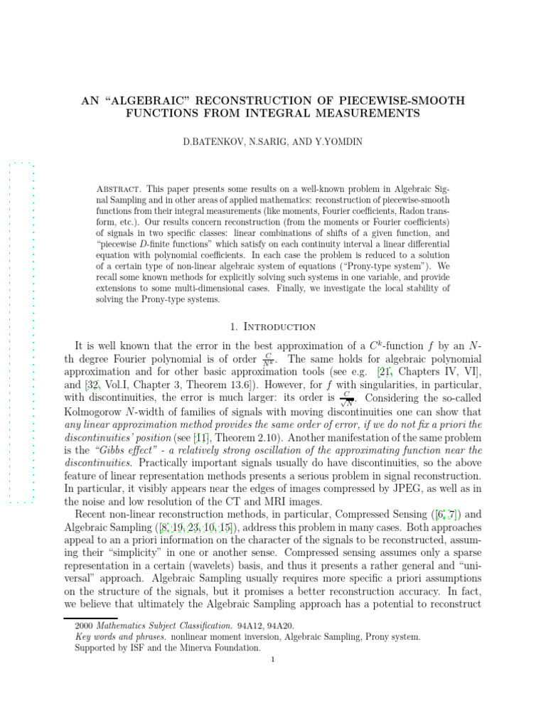 Algebraic reconstruction of piecewise-smooth functions from integral measurements | PDF ...