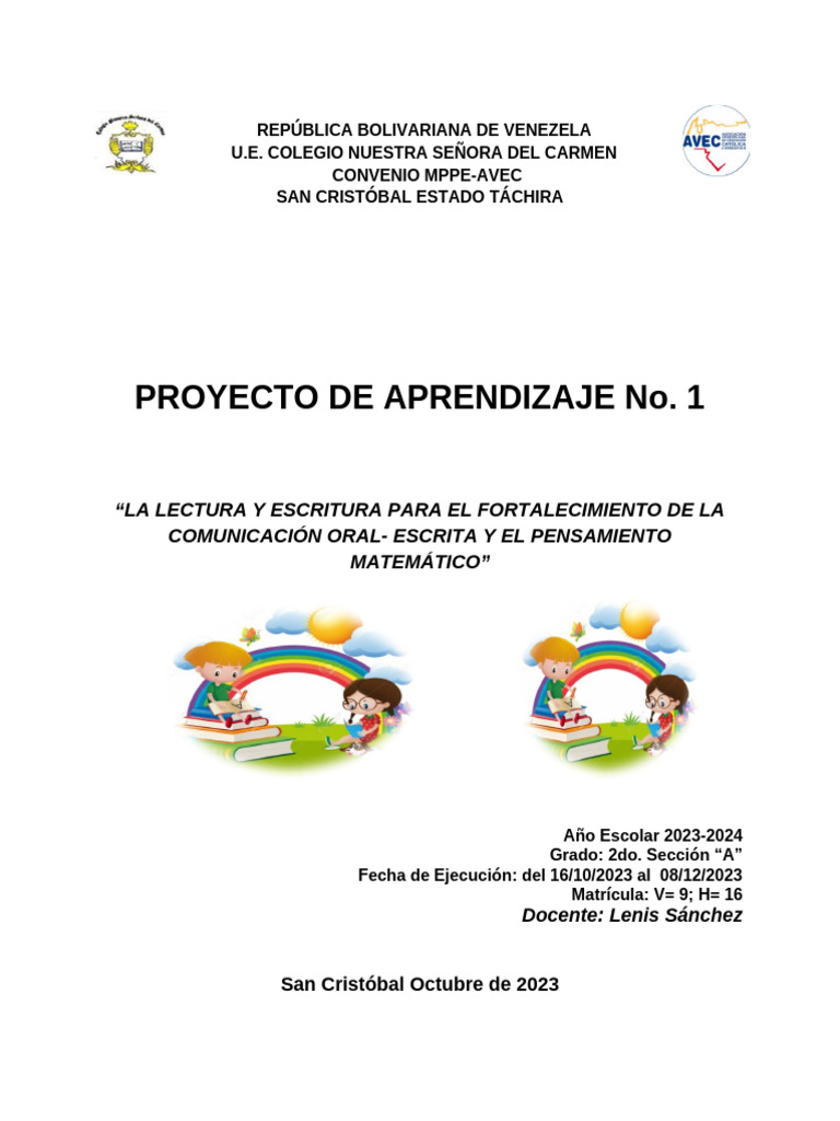 Proyecto De Aprendizaje No 1 2do Grado A Pdf Aprendizaje