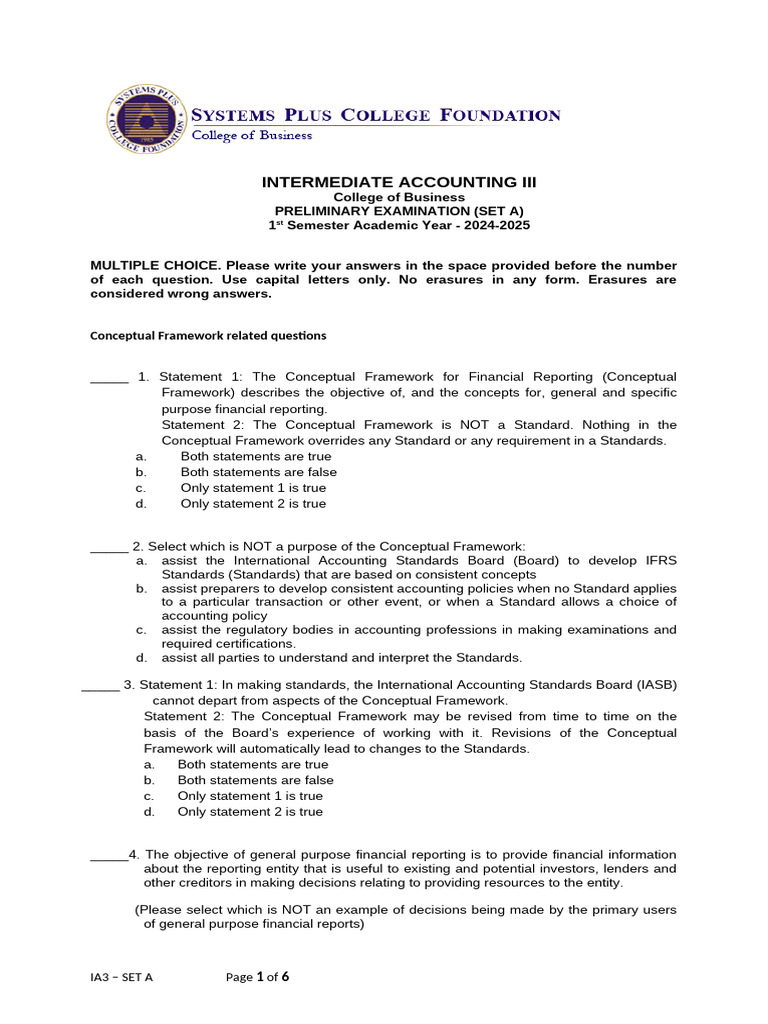 Preliminary Examination - IA3 | PDF | International Financial Reporting Standards | Business
