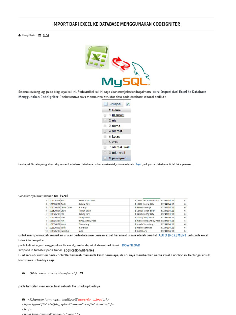 Import Dari Excel Ke Database Menggunakan CodeIgniter H4nk Blogs | PDF