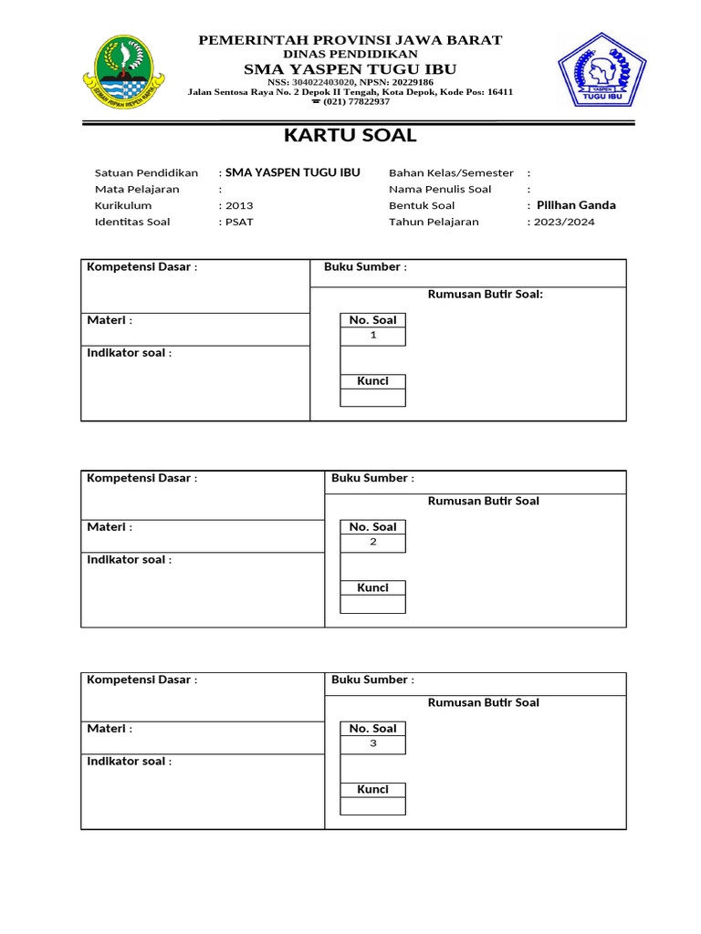 Format Kartu Soal Psat K13 | PDF