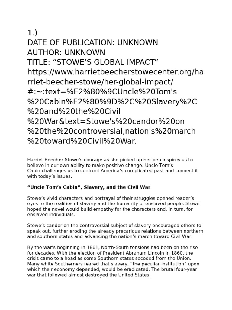 Resources For Research On UNCLE TOM'S CABIN | PDF | Uncle Tom's Cabin ...